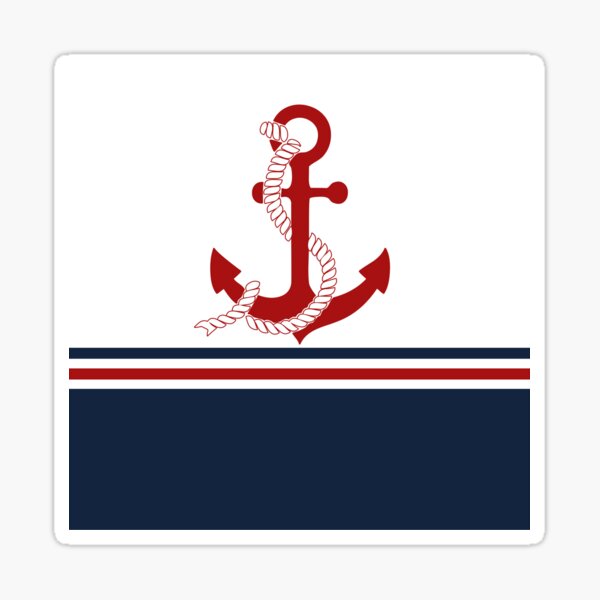 "Nautical navy blue and white stripes with a red anchor" Sticker for ...