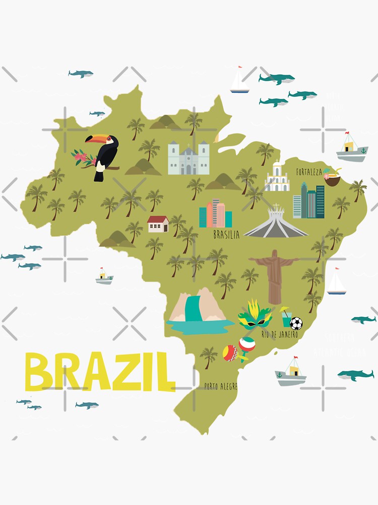 "Brazil illustrated map" Sticker for Sale by Trio's Stuff | Redbubble