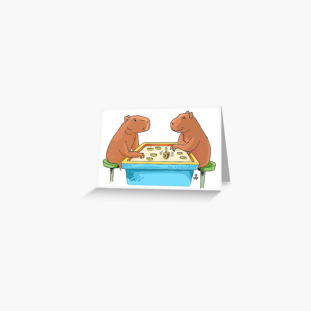"Capybara Hanukkah - Capybaras Playing Dreidel with Gelt" Greeting Card ...