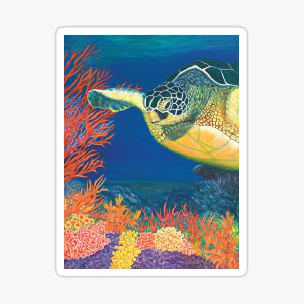 "Colorful Green Sea Turtle Along Coral Reef" Sticker for Sale by ...