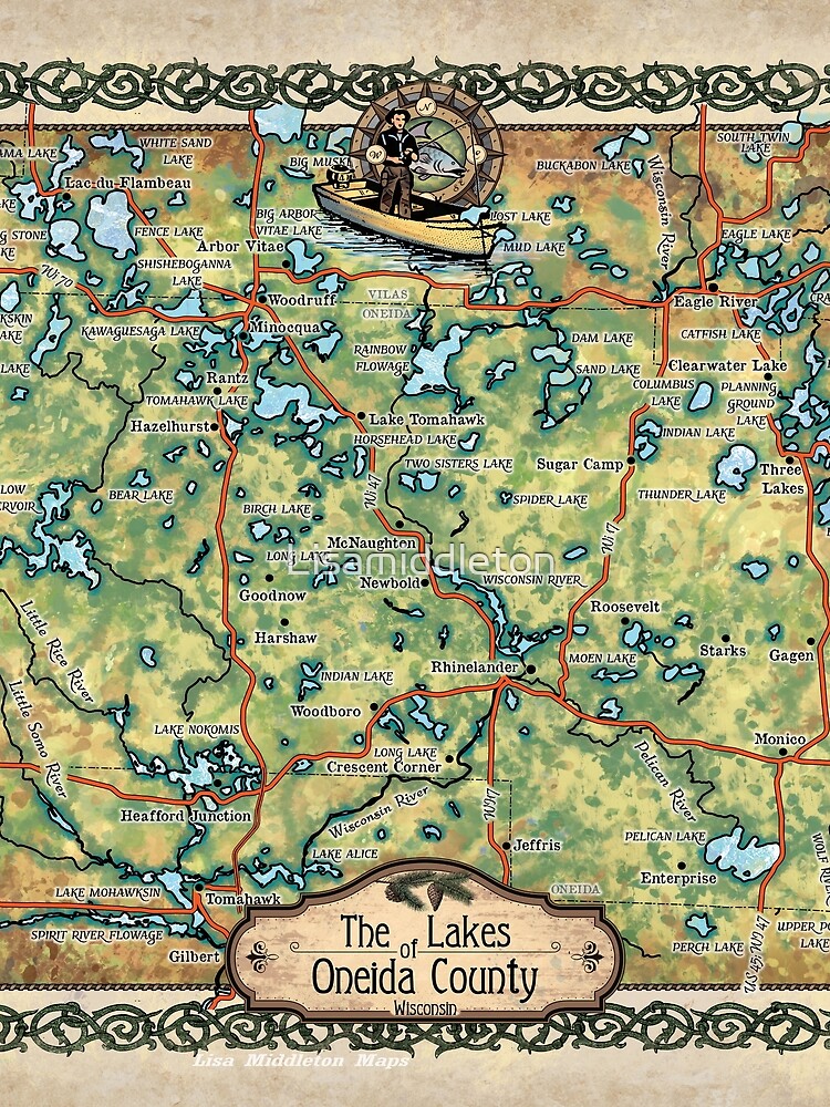 "Lakes Of Oneida County Wisconsin map Eagle River Rhinelander map art ...