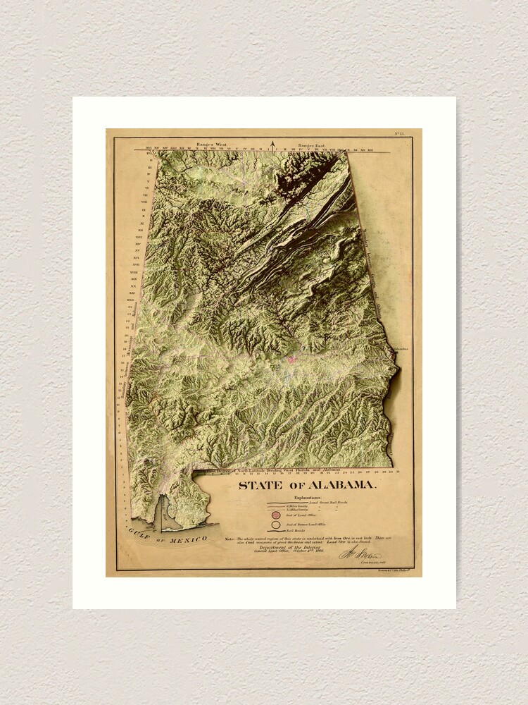 "1866 Alabama Relief Map digitally-rendered" Art Print for Sale by ...