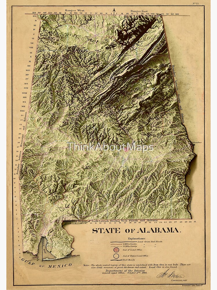 "1866 Alabama Relief Map digitally-rendered" Art Print for Sale by ...