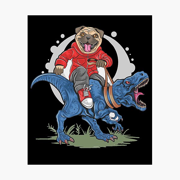 Lámina fotográfica «Lindo cachorro de perro pug montando dinosaurio ...