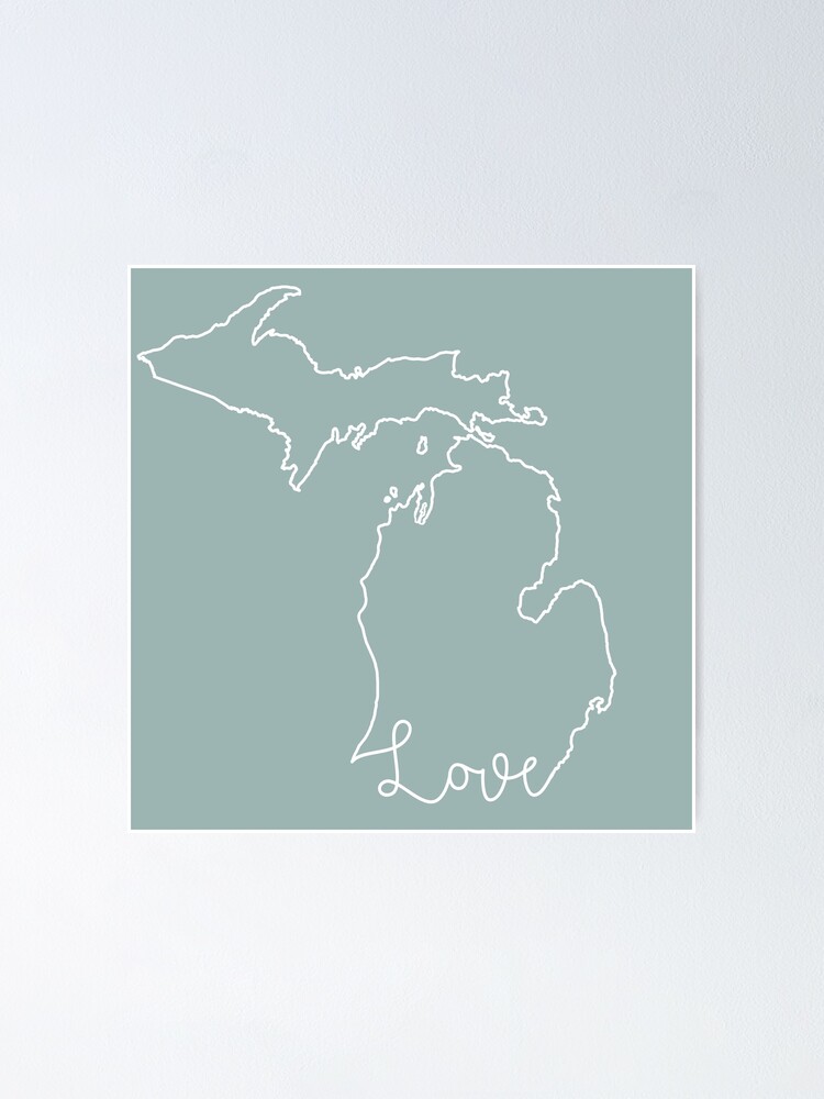 "Michigan Cursive Love Home State Outline" Poster by GreatLakesLocal ...