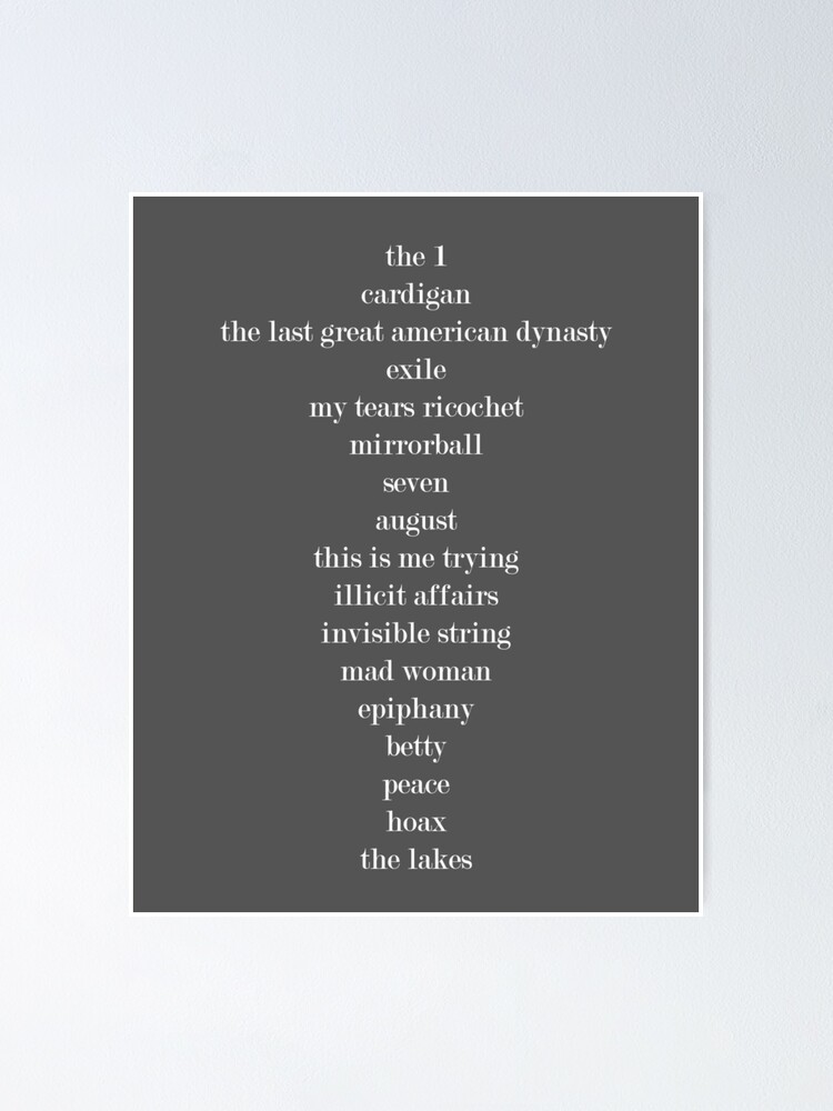 "Taylor Swift Folklore Tracklist" Poster by MusicPopCulture | Redbubble