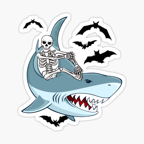 "Skeleton Riding Shark Funny Halloween Boys Girls Kids" Sticker for ...