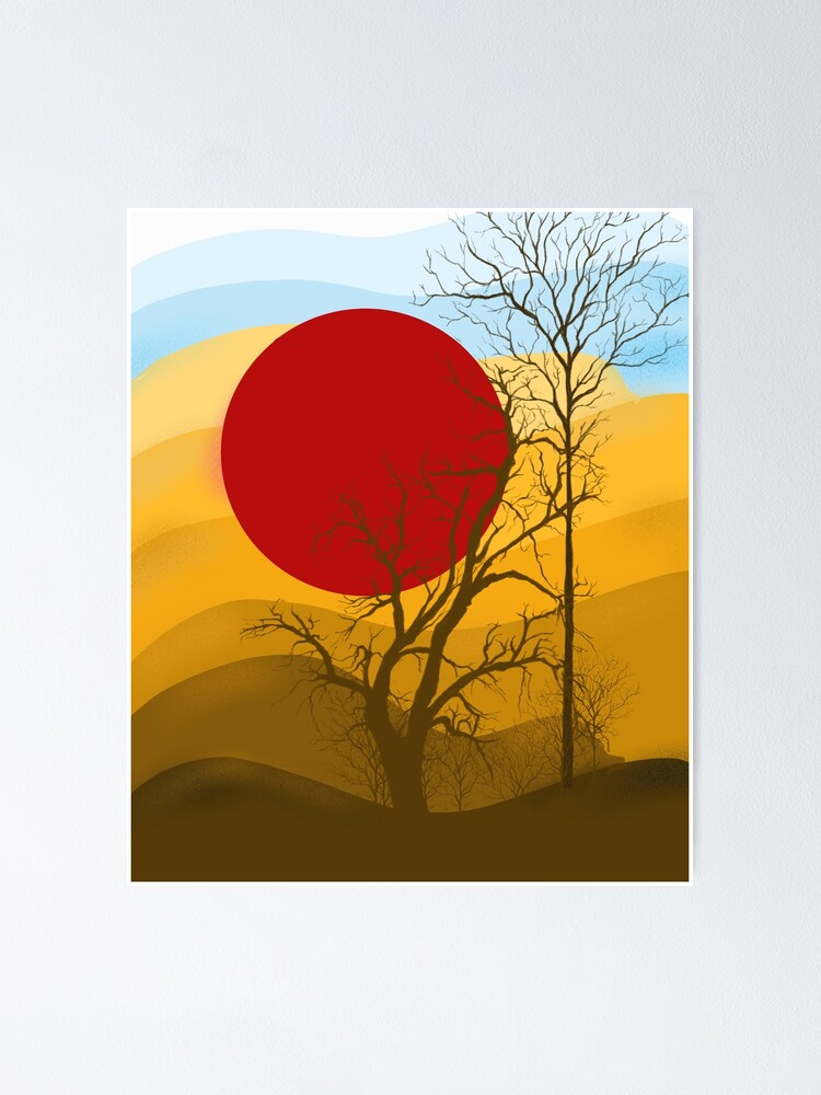 "Large Red Sun Moon Orange Planet Landscape Illustration" Poster for ...