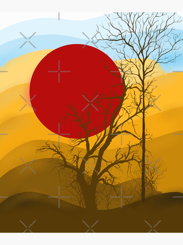 "Large Red Sun Moon Orange Planet Landscape Illustration" Sticker for ...