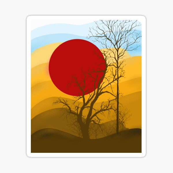 "Large Red Sun Moon Orange Planet Landscape Illustration" Sticker for ...