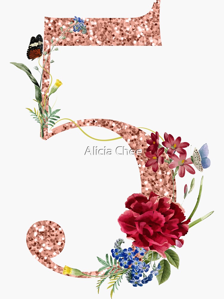 "Floral Rose Gold and Butterfly Number Five" Sticker for Sale by ...