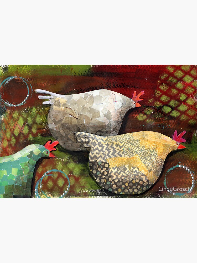 "mixed media collaged chickens" Sticker for Sale by CindyGrosch | Redbubble