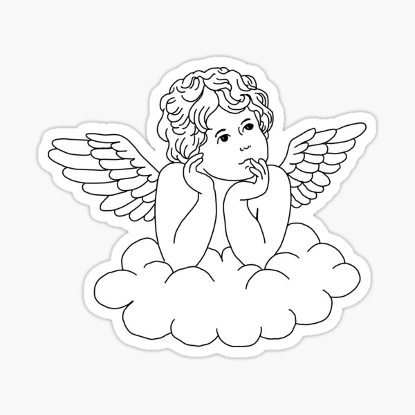 "Line art of simple angel sitting on clouds and pondering or thinking ...