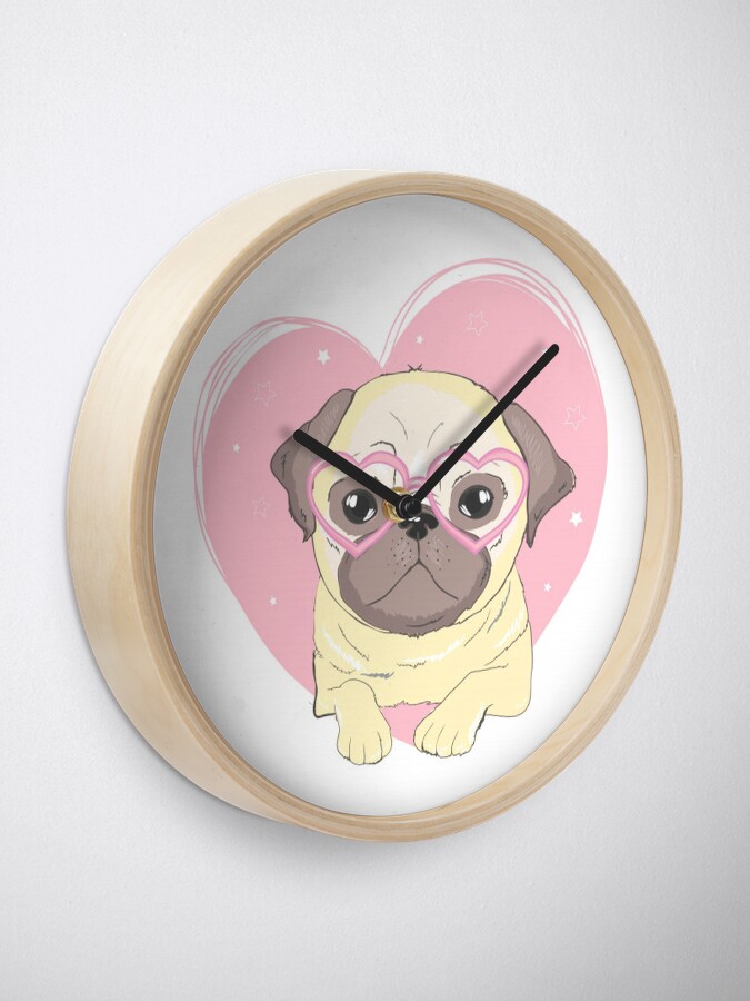 "Pug Dog Art Pugs puppy funny cute dogs heart and glasses" Clock for ...