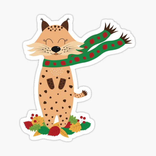 "Happy Bobcat Wearing A Green Scarf In The Fall Forest" Sticker by ...