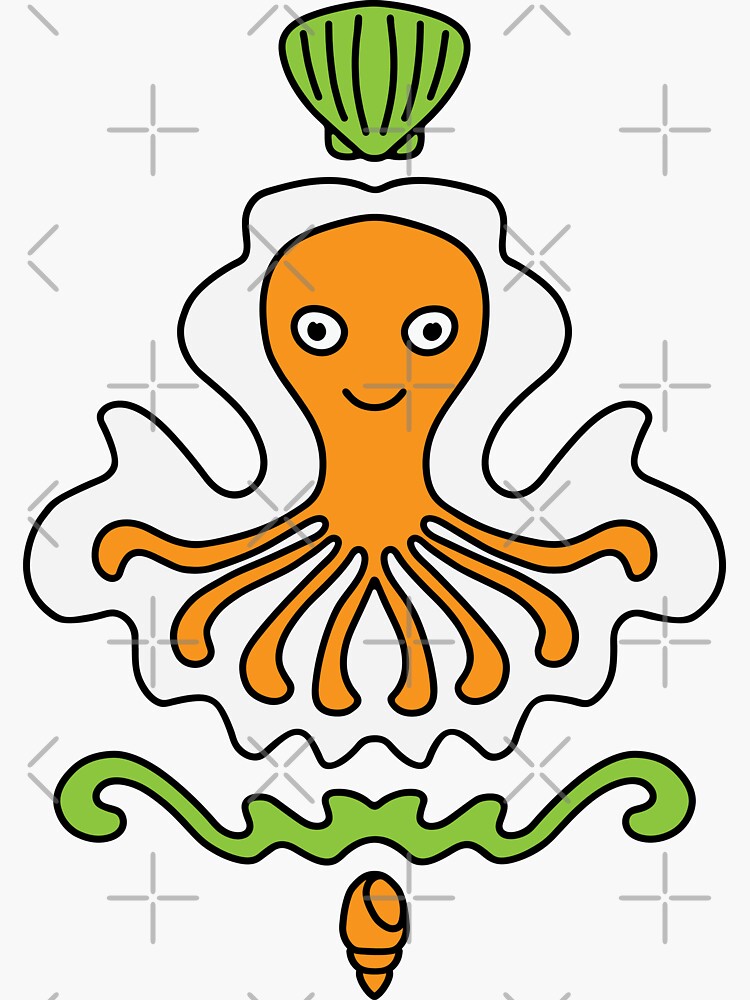 "Cute Cartoon Octopus with shell and conch, sea creature - Orange and ...