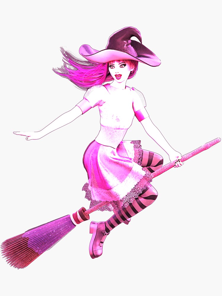 Pegatina «Bruja rosa eléctrica volando en escoba para Halloween» de ...