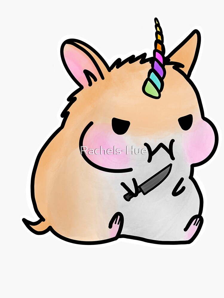 Pegatina «Hámster gruñón Unicornio arcoíris con cuchillo» de Rachels ...