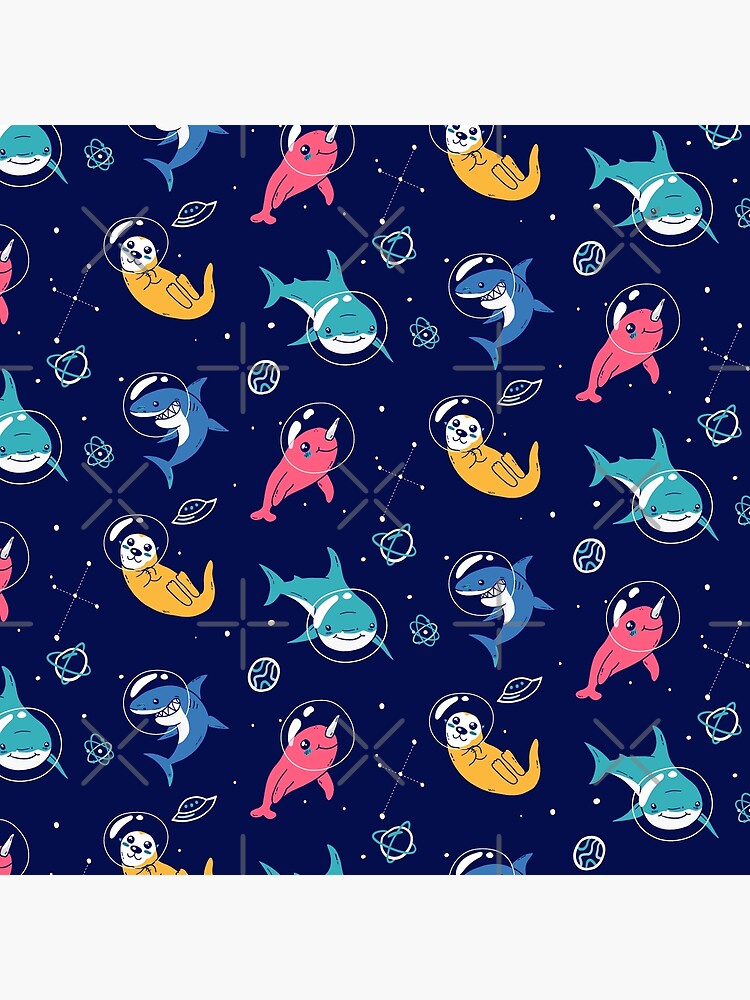 "Outer Space Pattern Cute Sea Animals Floating in the Galaxy" Art Print ...