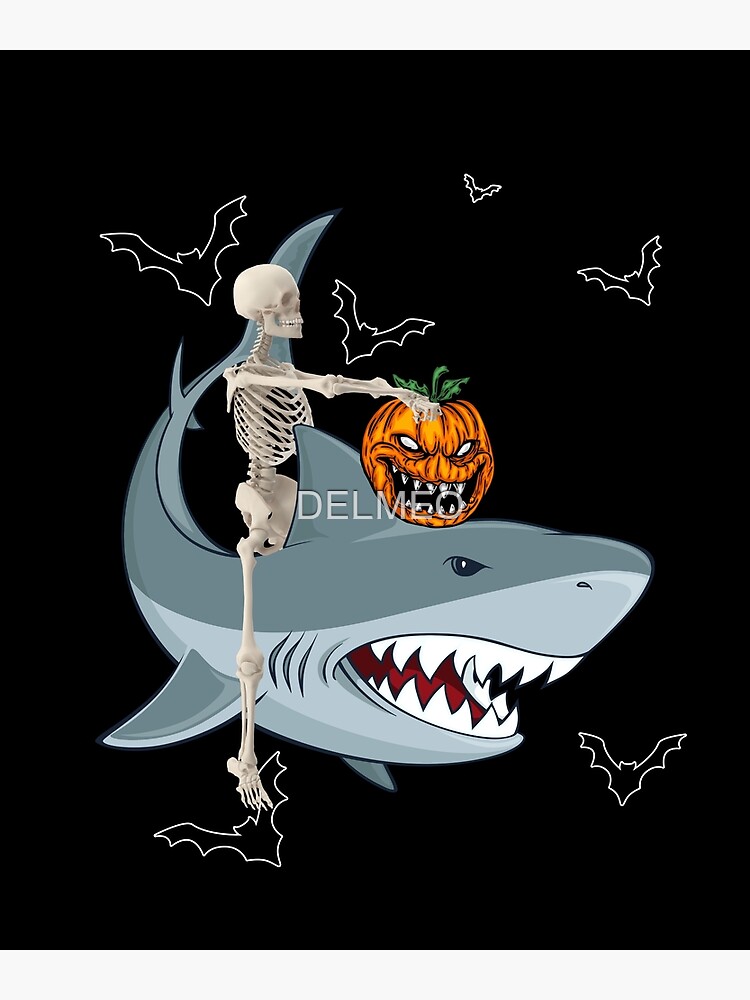 "Halloween Skeleton Rides A Shark" Poster for Sale by DELMEO | Redbubble