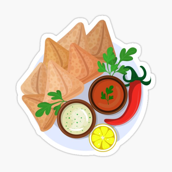"Fried Indian Samosa with Dipping Sauces" Sticker by NiftyTrinket ...