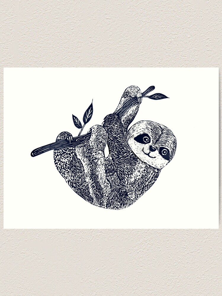 Prints Black and White Original Happy Sloth Handmade Linocut Print Art ...