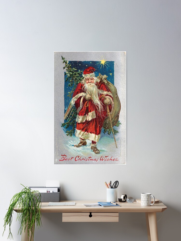 ""Best Christmas Wishes" with Santa Vintage Christmas Postcard (1908)" Poster for Sale by ...
