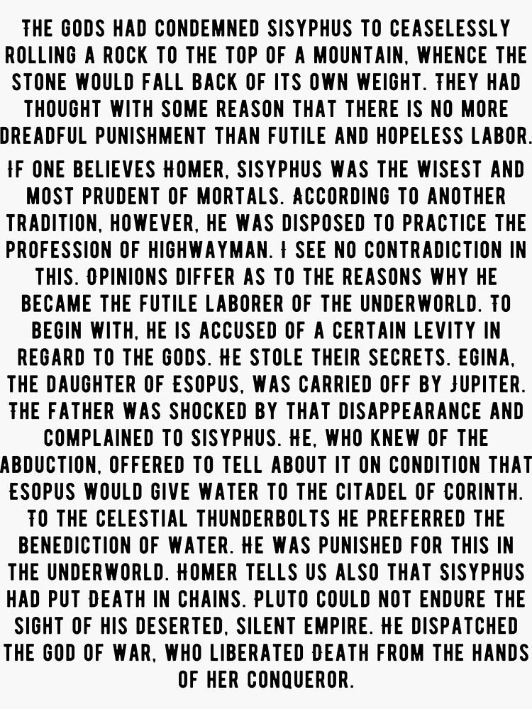 "Albert Camus - Myth Of Sisyphus - 1st Paragraph" Sticker by ...