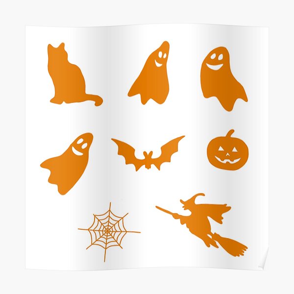 "Pumpkin, ghost, cat, bat and witch coloured silhouette " Poster by ...