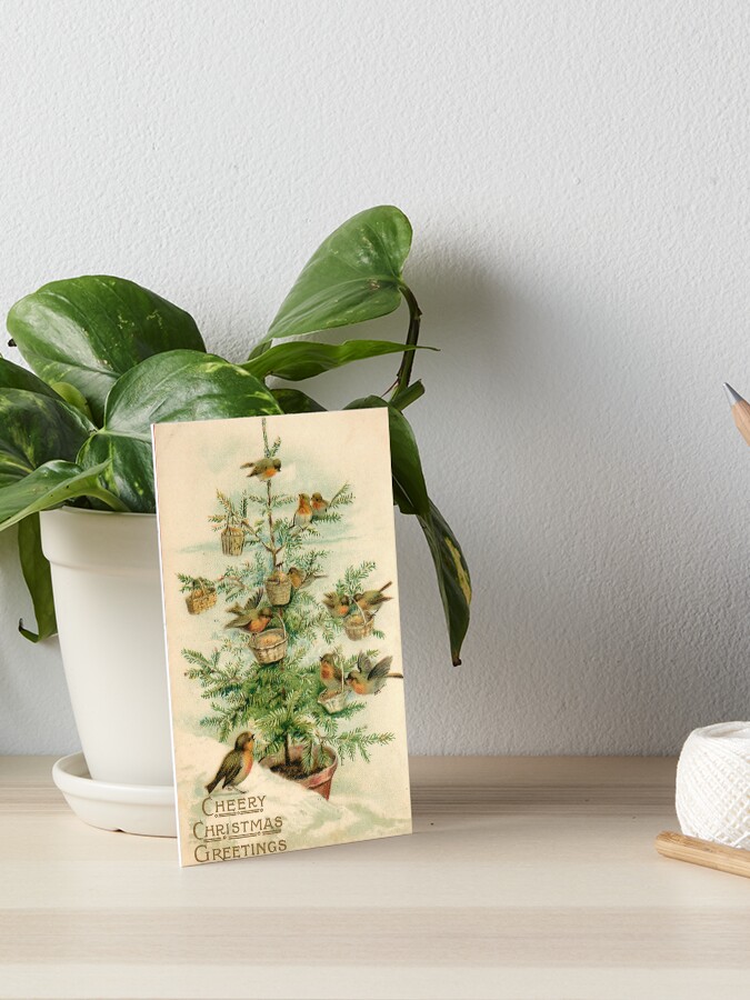""Cheery Christmas Greeting" with Robins and Christmas Tree Vintage ...