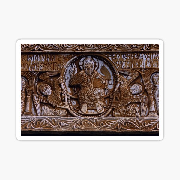 "Enthroned Christ borne aloft by archangels, medieval carving" Sticker ...