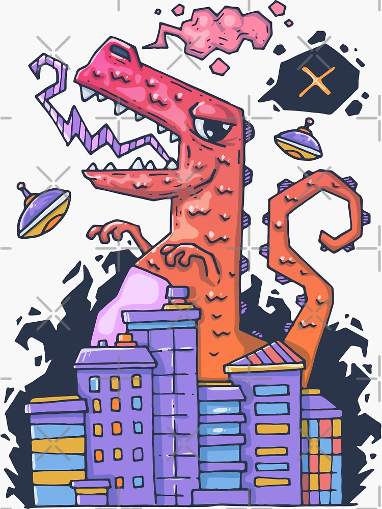 "Dinozilla Dinosaur - Godzilla Parody Art Drawing" Sticker by Honney ...
