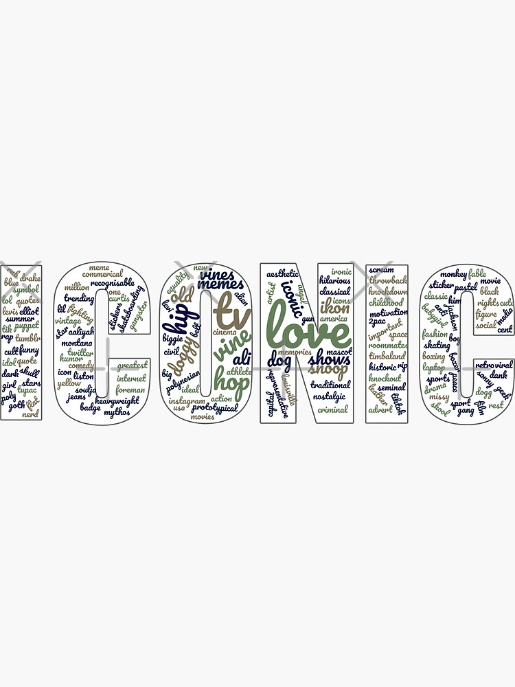 "Iconic word cloud in white" Sticker by Pugamall | Redbubble