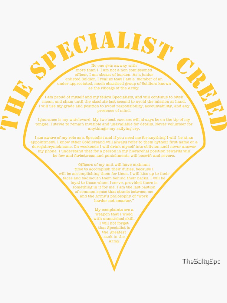 "The Specialist Creed" Sticker by TheSaltySpc | Redbubble