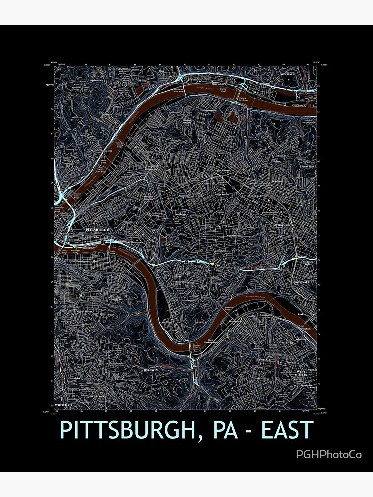 "Pittsburgh, PA - East Topographical Map Dark" Sticker by PGHPhotoCo ...