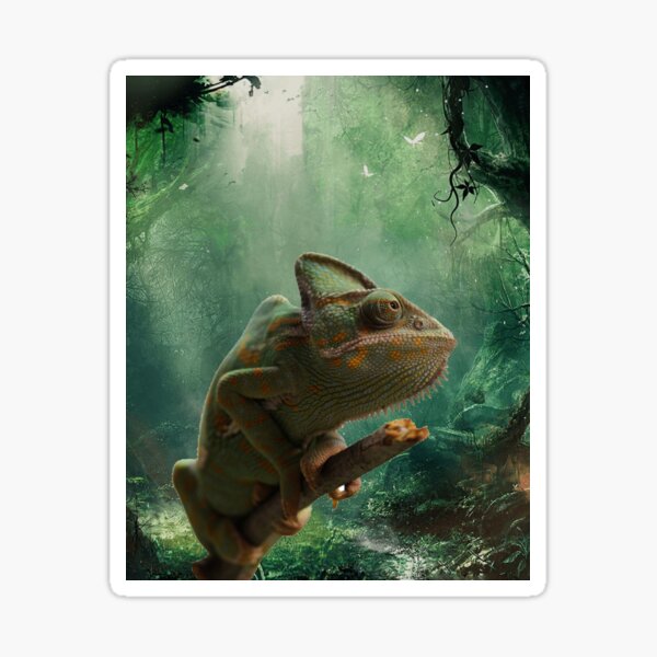 "Amazing Green Chameleon in the Forest illustrated Art Gift" Sticker ...