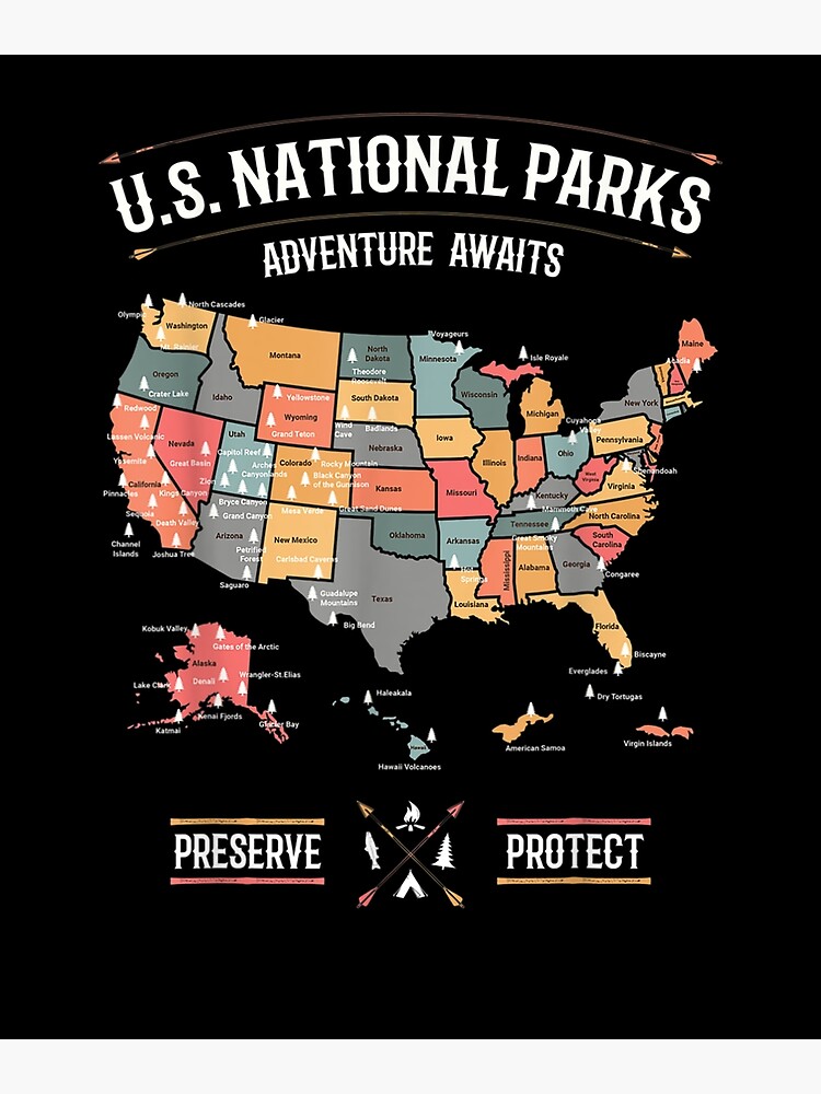 "US National Parks Map Preserve Protect Hiking" Poster by ...
