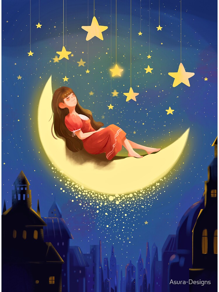 "Cute Girl, Moon and the Stars" Sticker for Sale by Asura-Designs ...