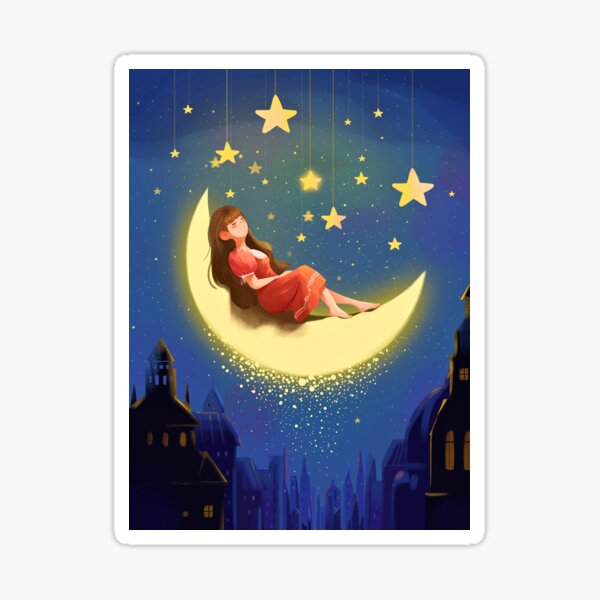 "Cute Girl, Moon and the Stars" Sticker by Asura-Designs | Redbubble