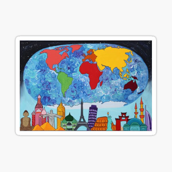"World Map and Skyline" Sticker by mmvasquez96 | Redbubble