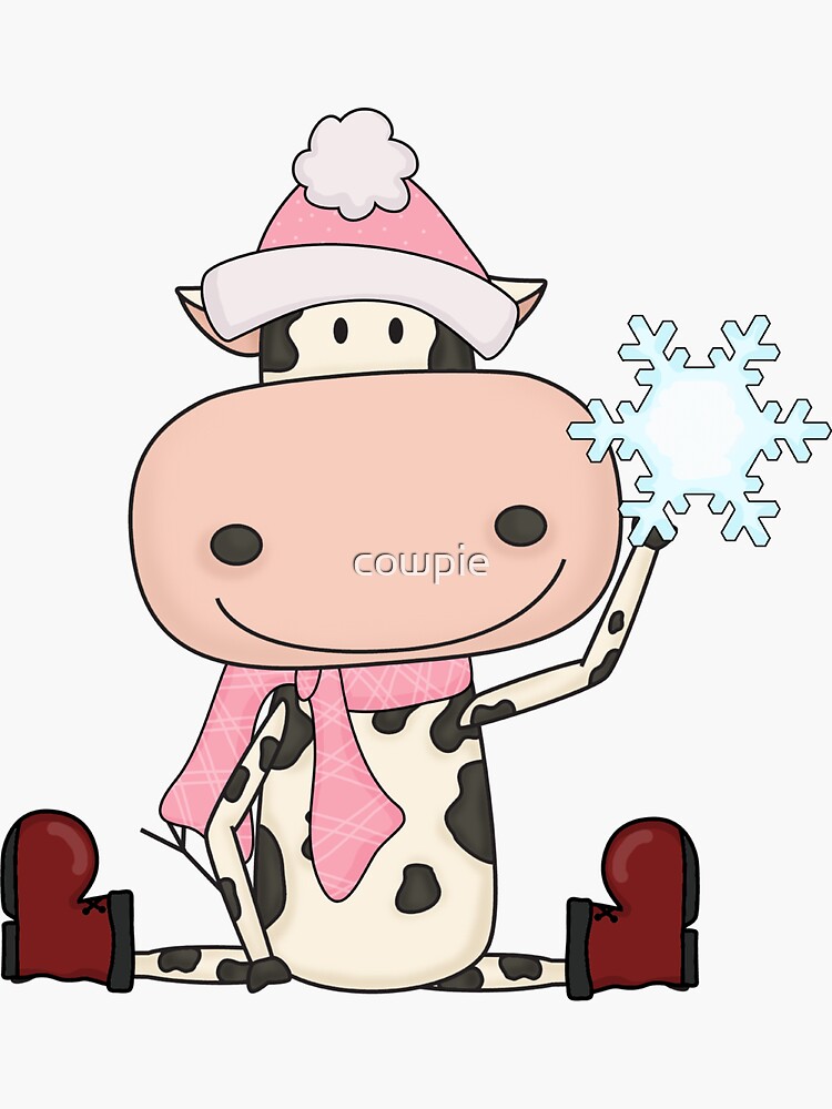 "Cute Black And White Cow Catching Snowflakes" Sticker by cowpie ...