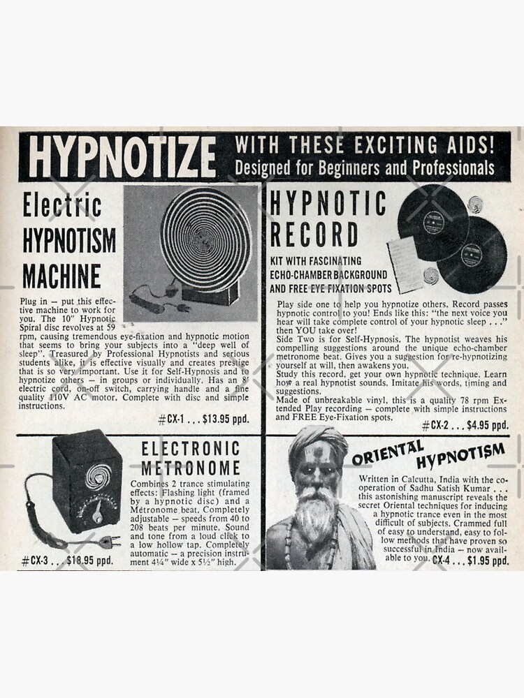 "Hypnotize - Vintage Retro Hypnotization Aids Ad" Sticker by elevens ...