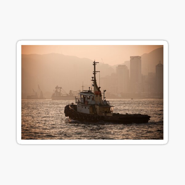 "tugboat boat Hong Kong skyline sunrise" Sticker for Sale by cybermum ...