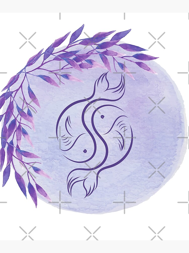 "Pisces Zodiac Star Sign Purple Watercolor with Fish and Leaves" Poster ...