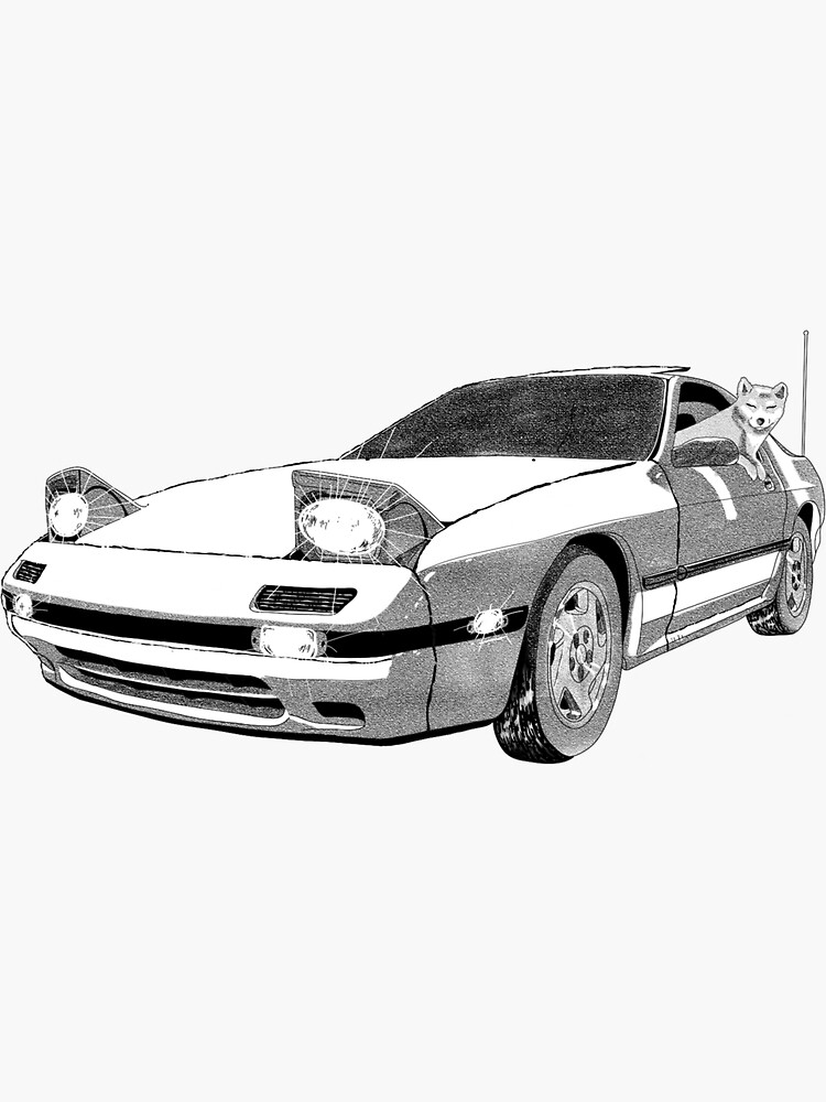 "Mazda RX7 with Shiba, Anime Style" Sticker by vedabladey | Redbubble