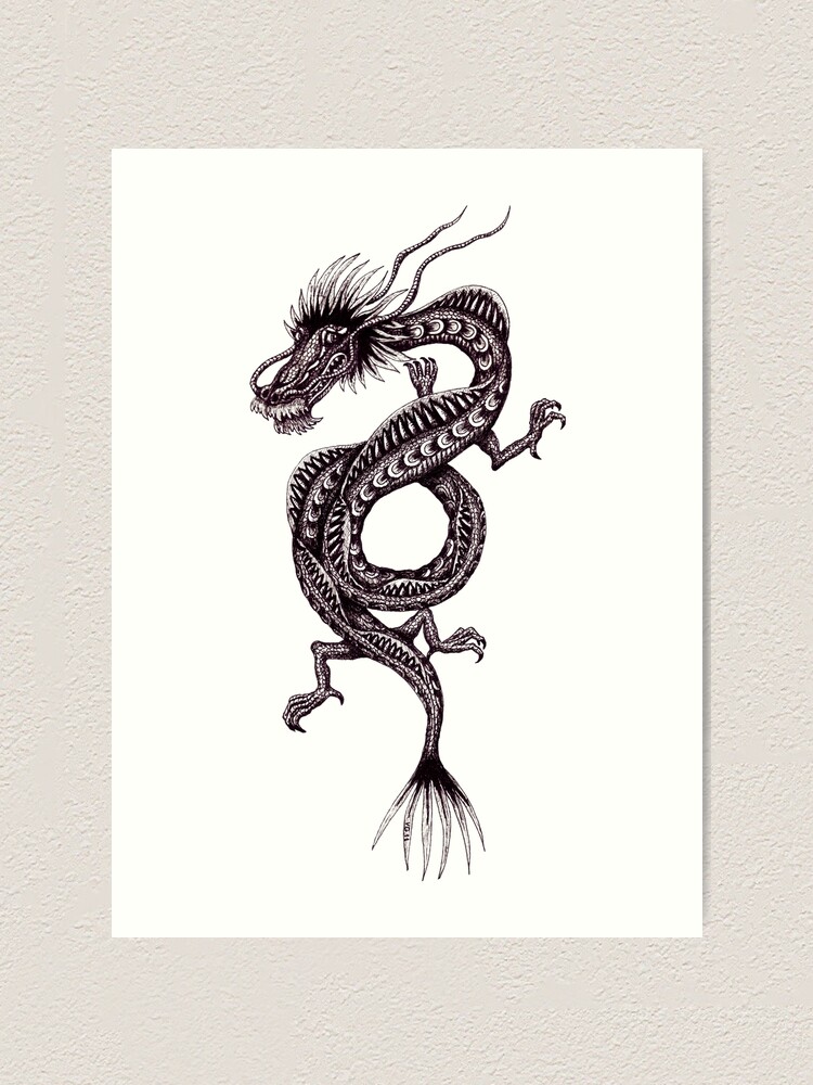 "Chinese Dragon black and white pen ink drawing" Art Print by vitaliy ...