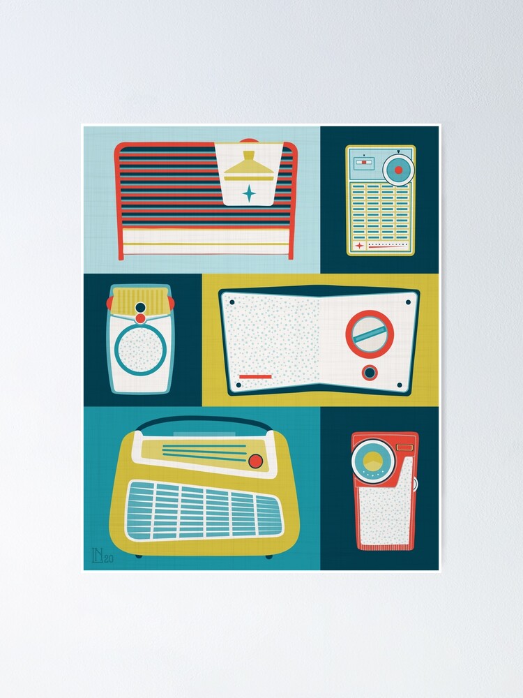 "Vintage Radios Illustration Bright Color Palette" Poster by ...