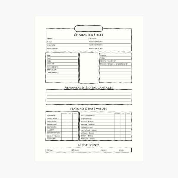 "Role play game character sheet" Art Print for Sale by littlebelldesig ...