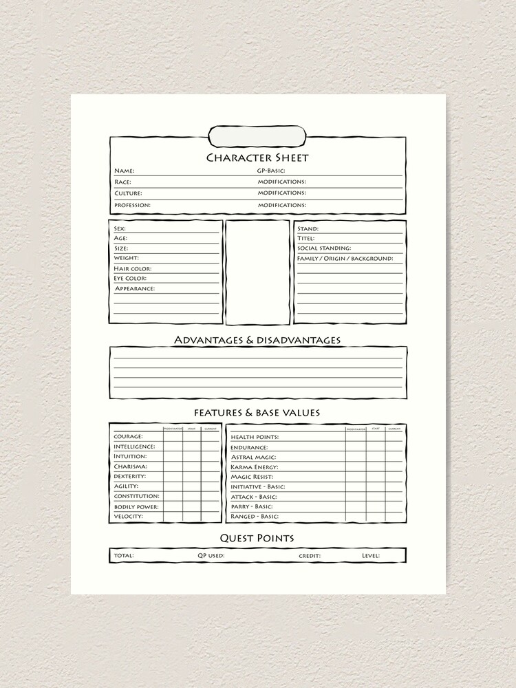 "Role play game character sheet" Art Print for Sale by littlebelldesig ...