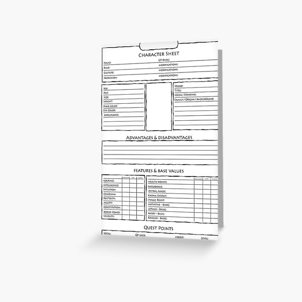 "Role play game character sheet" Greeting Card for Sale by ...